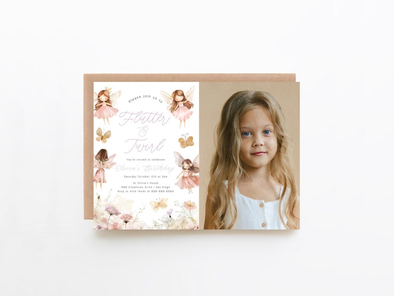 Editable Flutter & Twirl Fairy Photo Birthday Invitation Template ...
