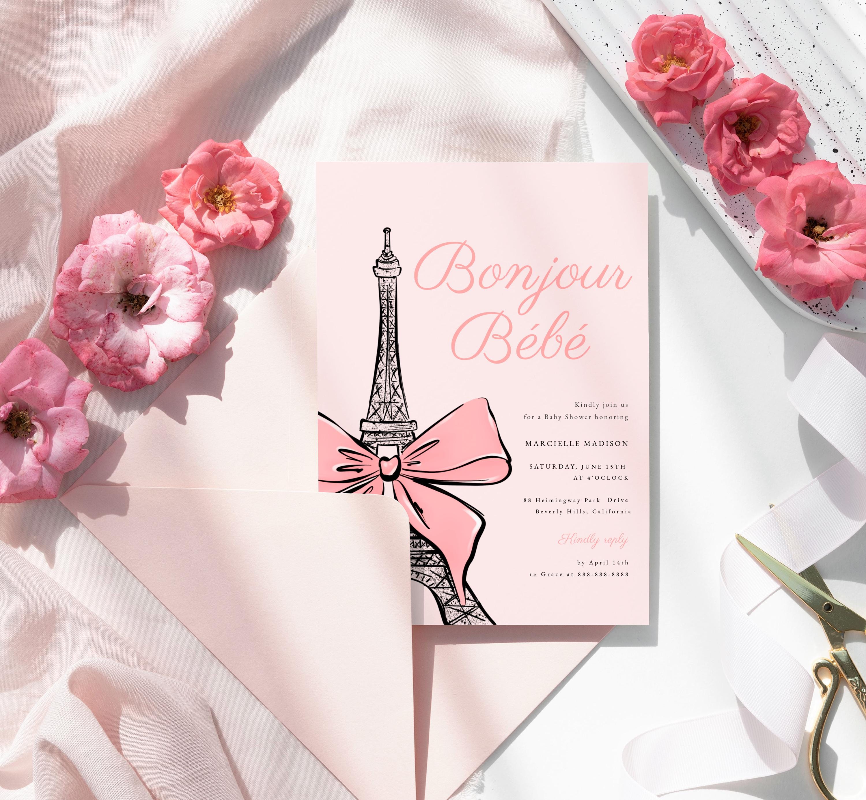 Editable Bonjour Bébé French Vintage Bow Eiffel Tower Pink Baby Shower ...