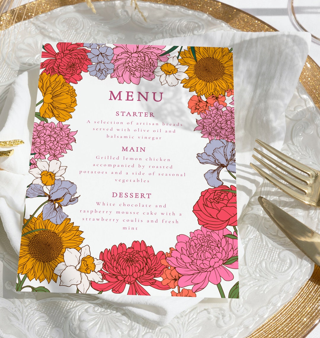 Editable Retro Pastel Blooms Floral Menu Bridal Shower Wedding Event ...