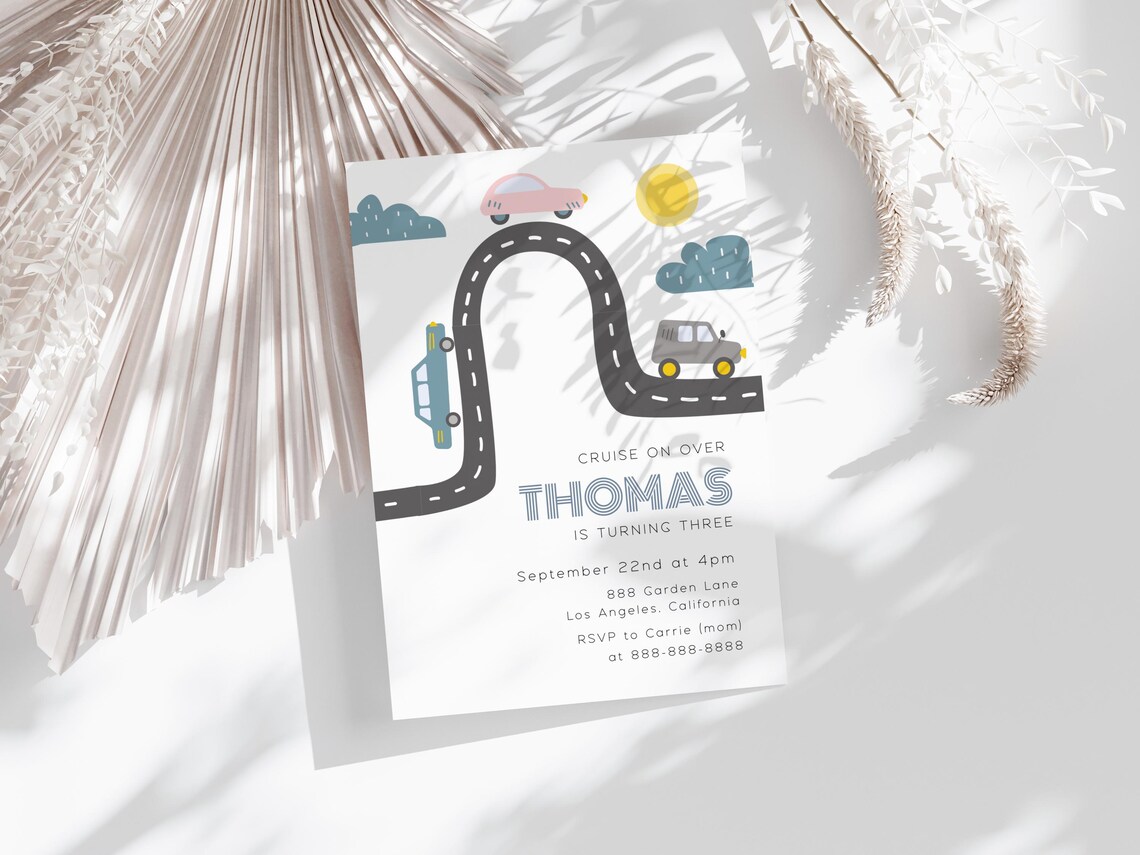 Editable Cars Travel Transportation Road Birthday Invitation Template ...
