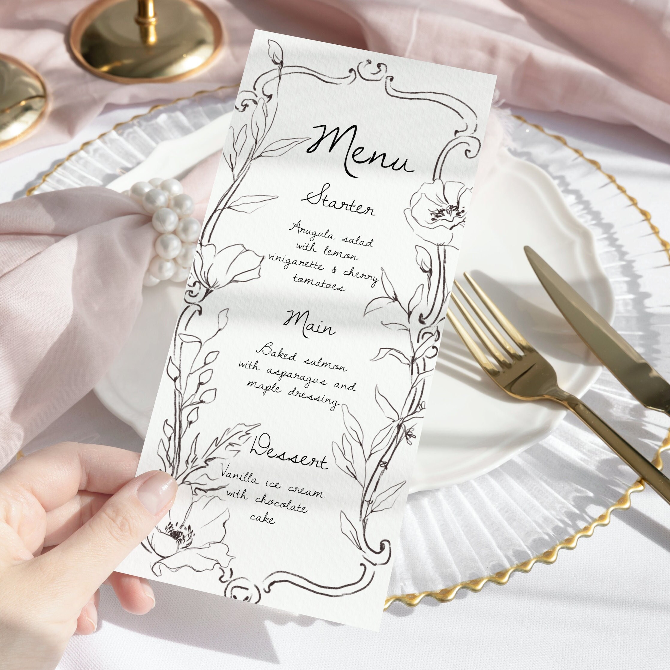 Editable Handwritten Script Floral Calligraphy Menu Template Wren ...