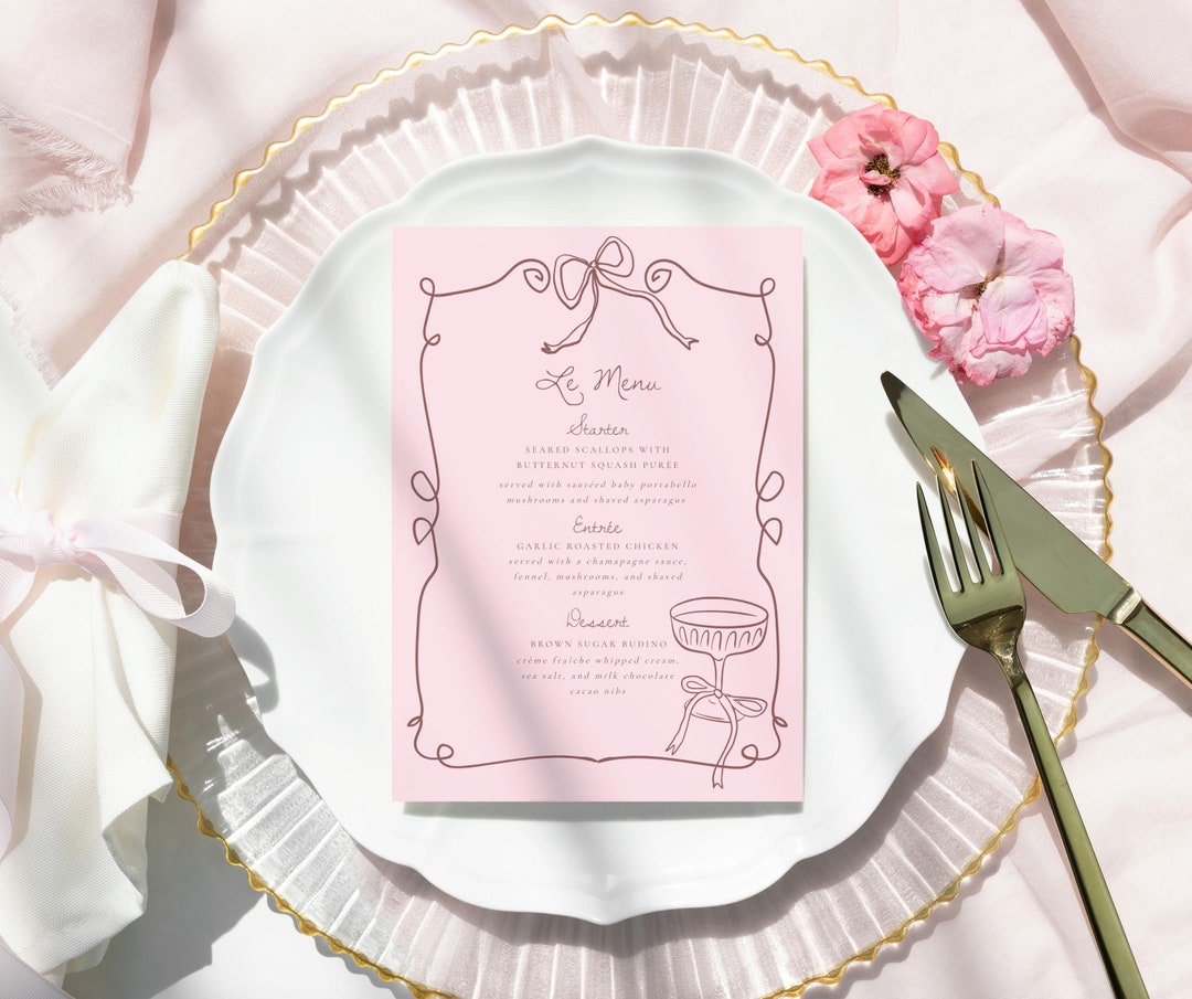 Editable Pink Bow Wedding Bridal Menu Event Menu Cocktail Template ...