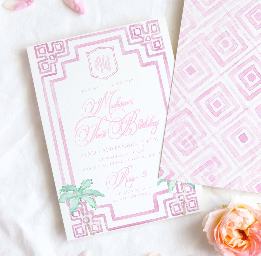 Editable Pink Palm Beach Turning One Baby Girl Birthday Invite Template ...