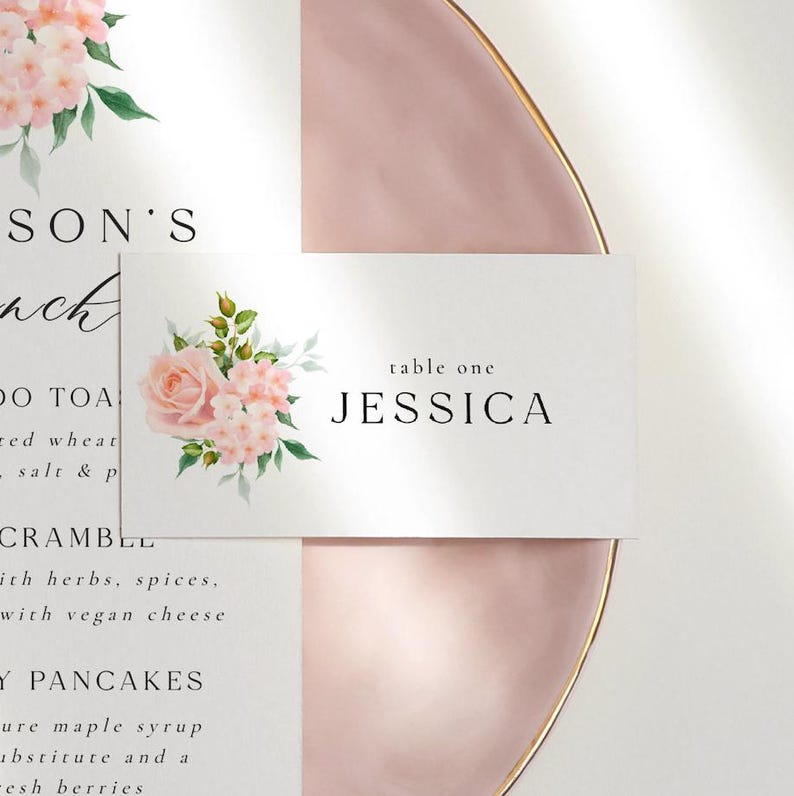 Editable Watercolor Pink Rose Name Place Cards 3.5 X 2 | Flower Romance ...