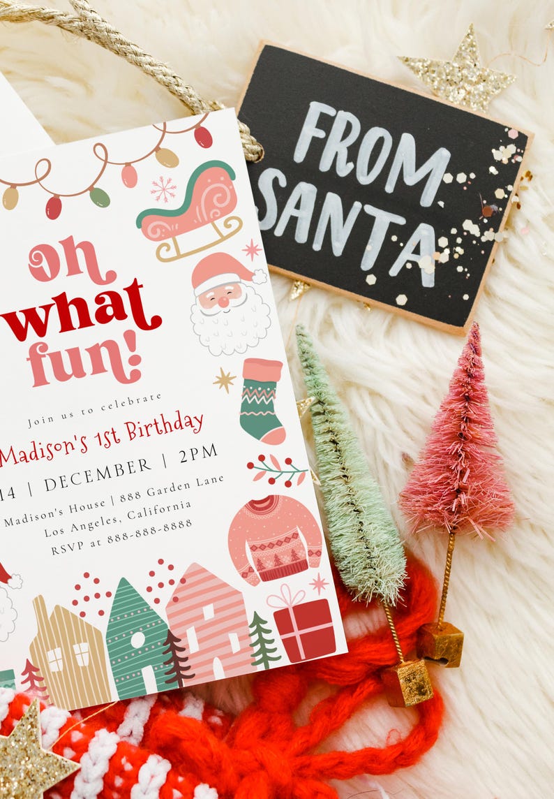 Christmas Birthday Party Card Editable Santa Oh What Fun | Holiday Baby ...