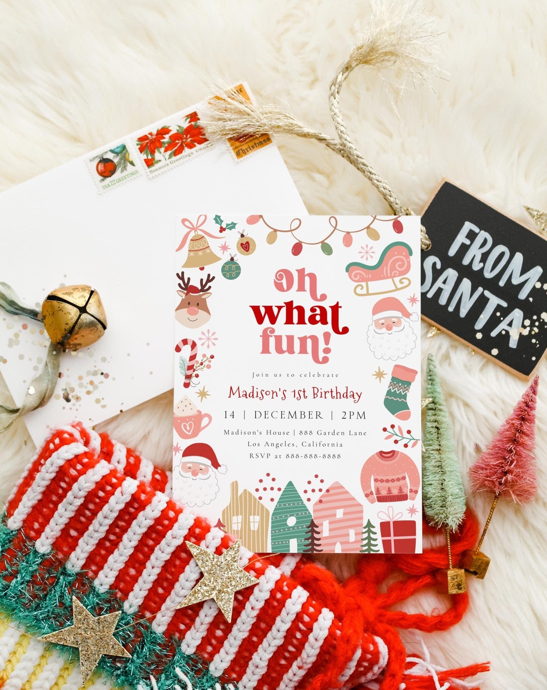 Christmas Birthday Party Card Editable Santa Oh What Fun | Holiday Baby ...