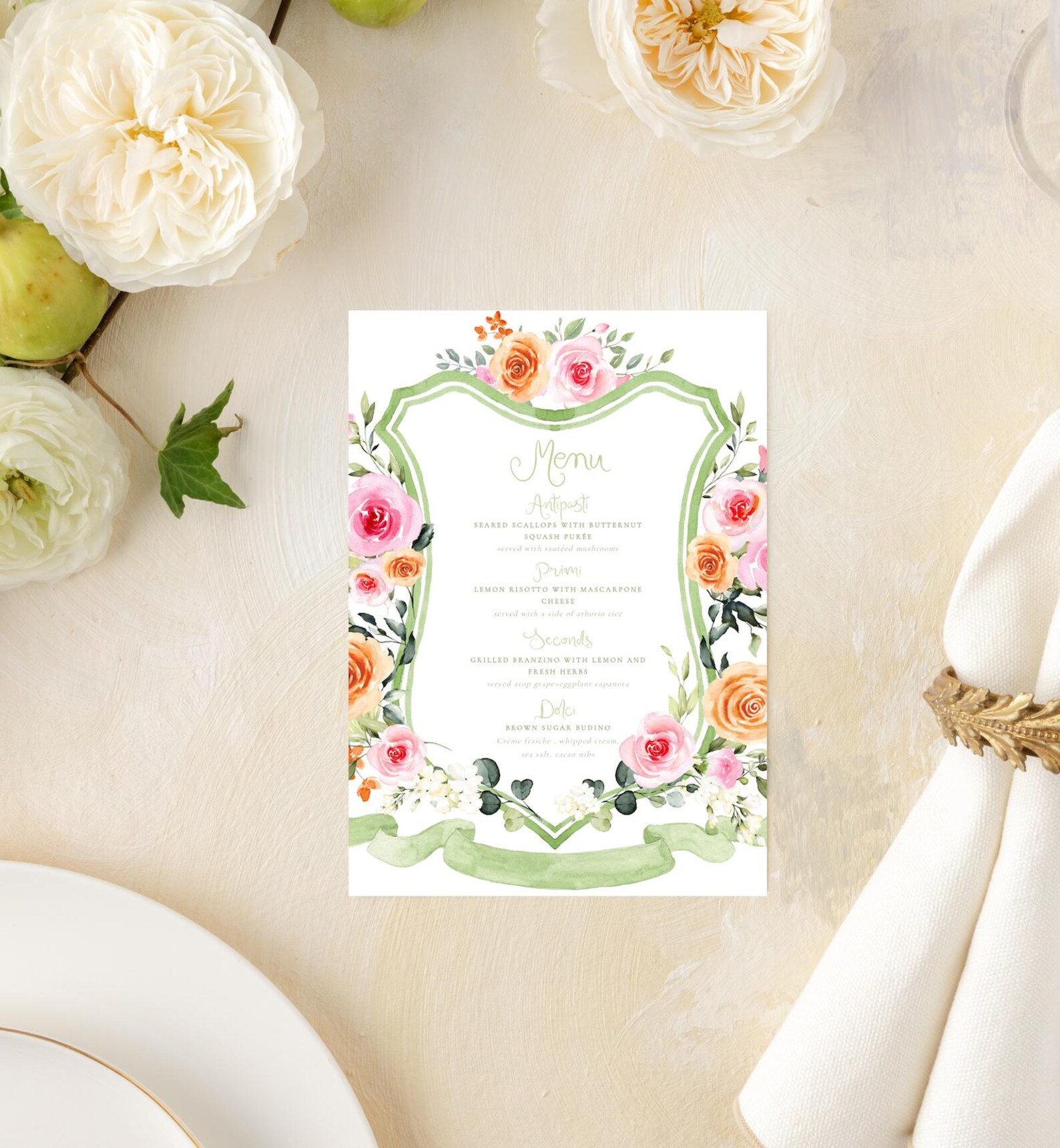 Royal Garden Floral Crest Green Handwritten Menu Event Menu Template ...