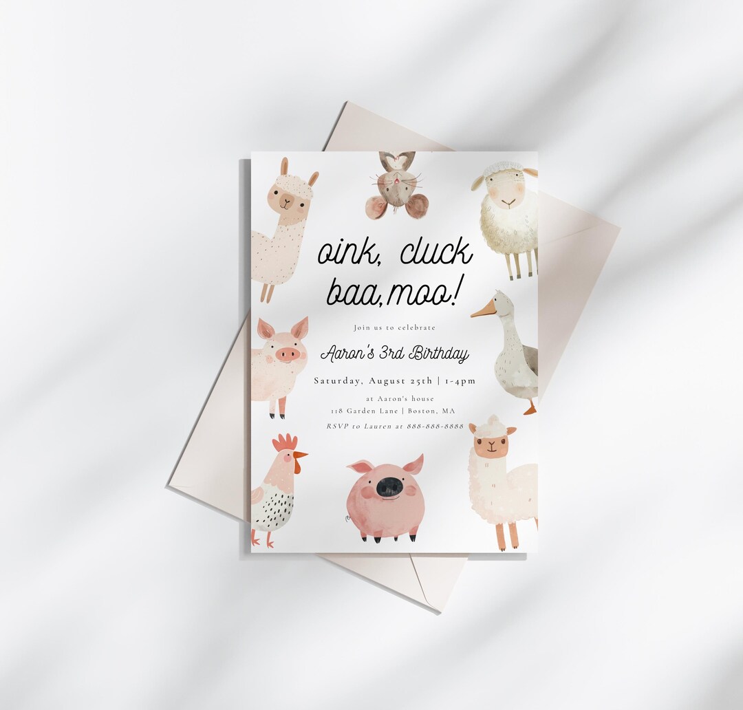 Oink, Cluck, Baa, Moo Farm Cows Animals Birthday Invitation Template ...