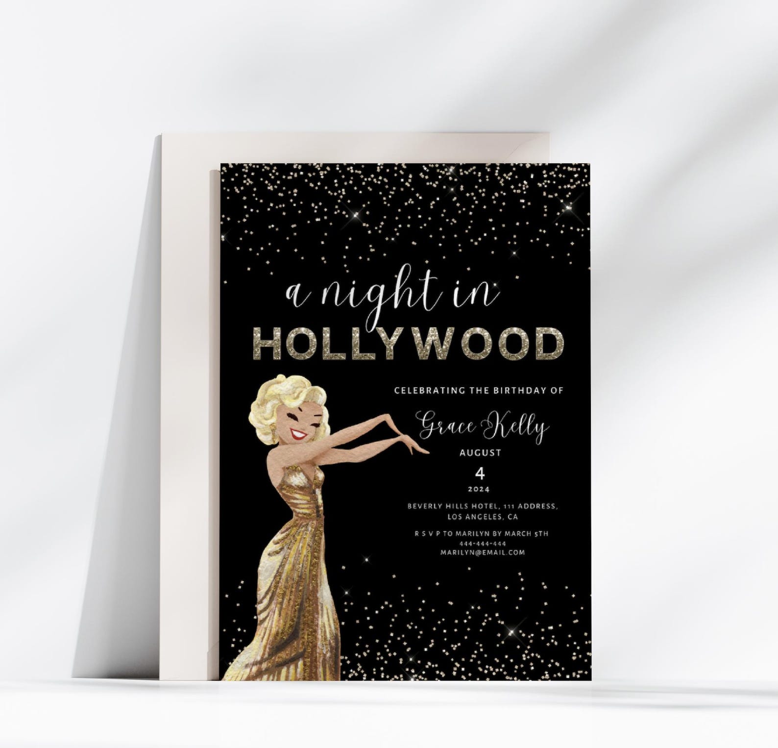 A Night in Hollywood Birthday Party Invite, Old Hollywood Glitter ...