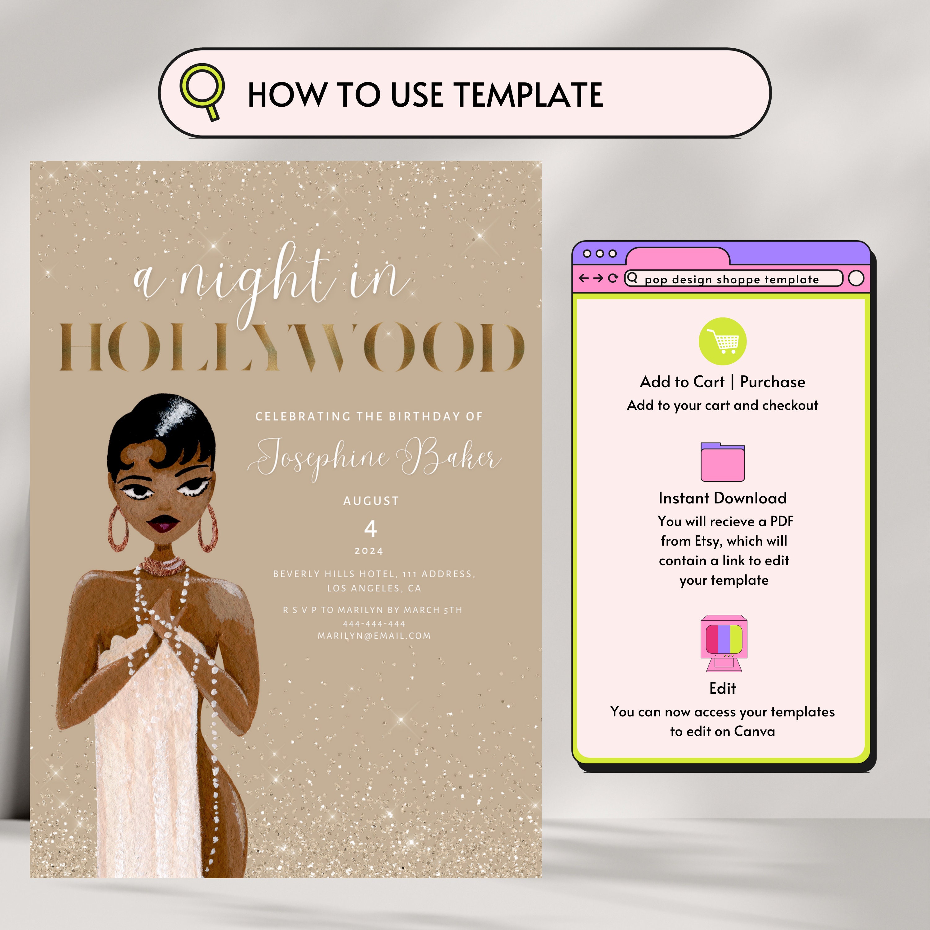 A Night in Hollywood Birthday Party Invite, Old Hollywood Glitter ...