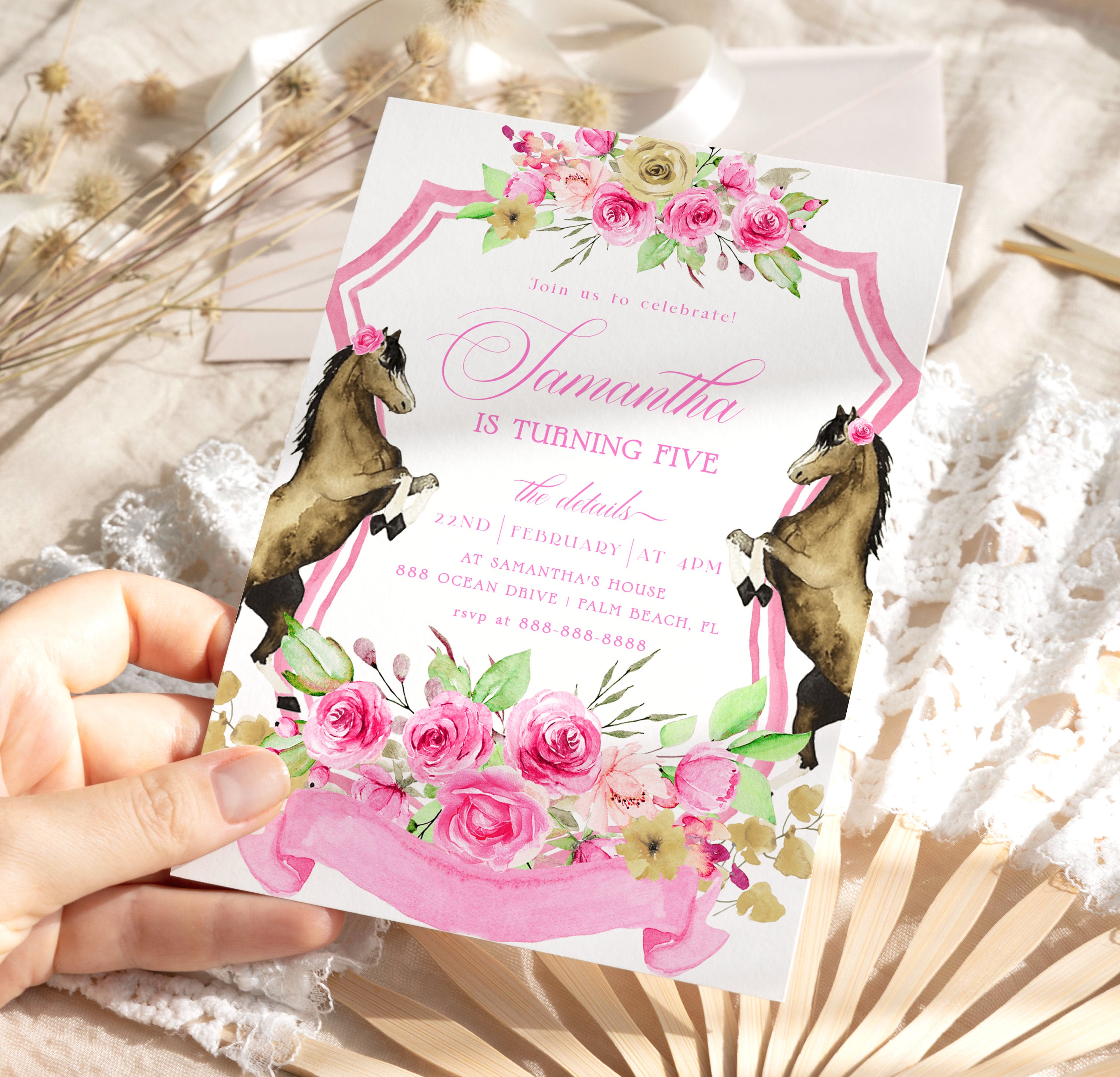 Editable Pink Floral Horse Turning Five Baby Girl Birthday Invite ...