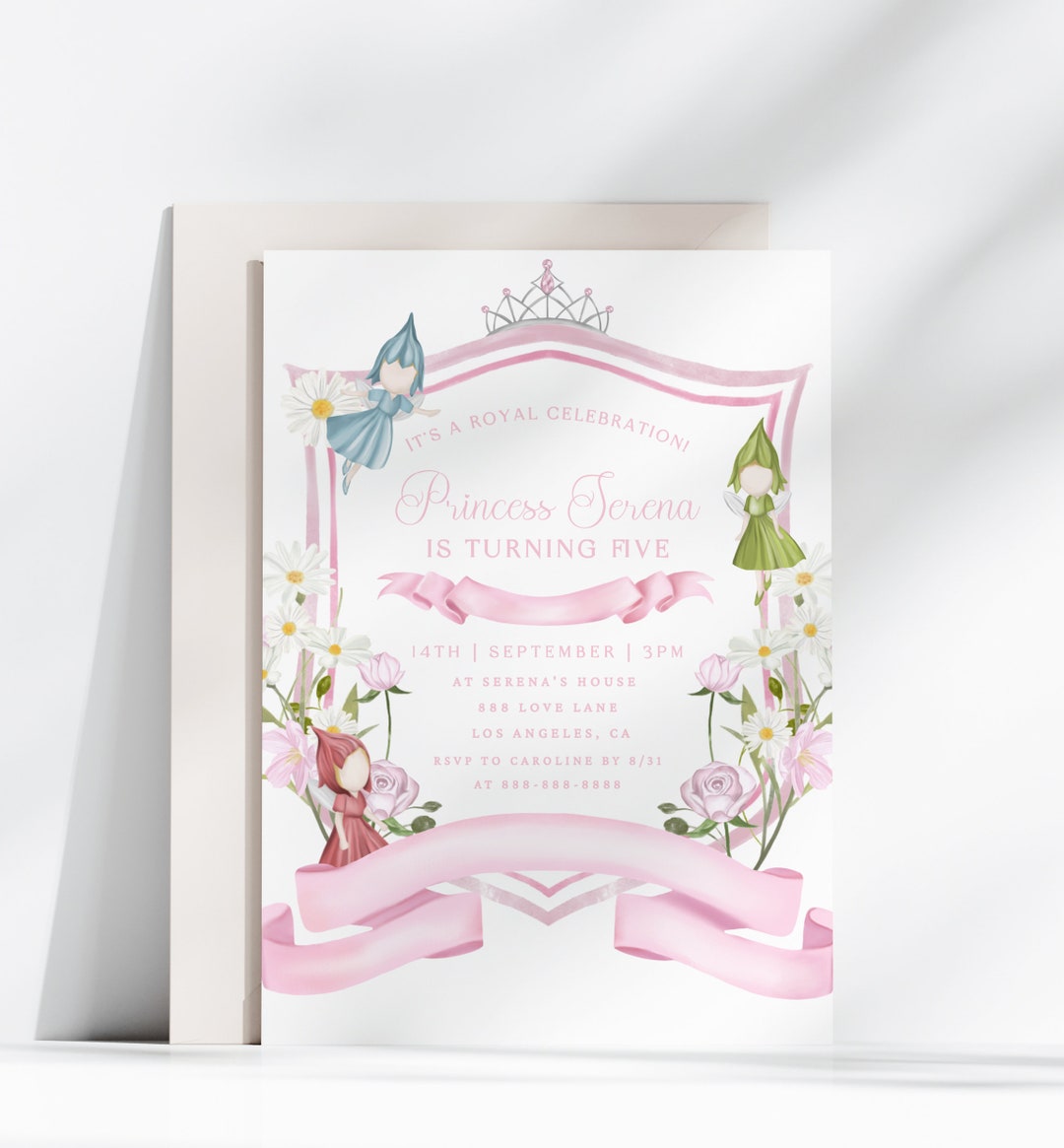 Editable Pink Princess Crest Royal Fairy Invitation Template 5x7 ...