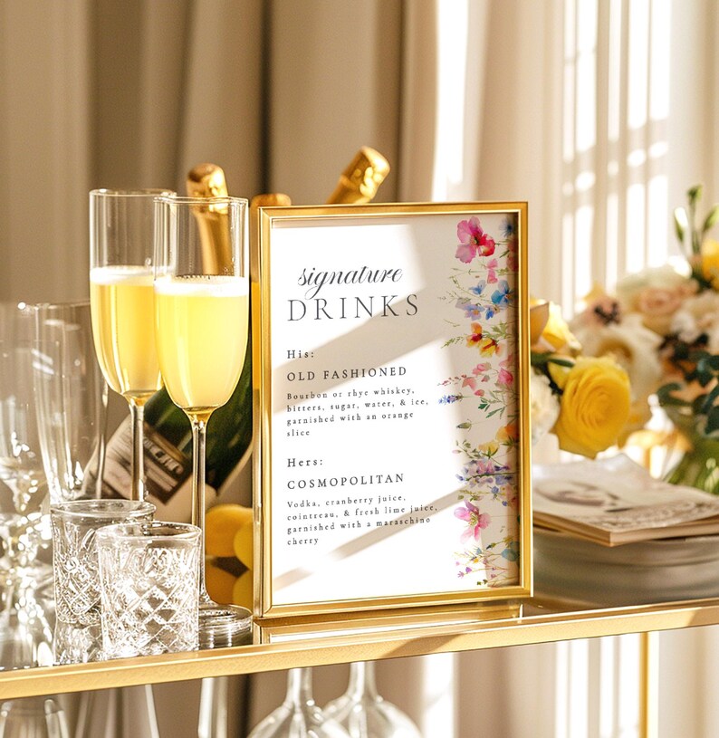 Editable His & Hers Orange Peony Signature Cocktails Wedding Event Bar ...