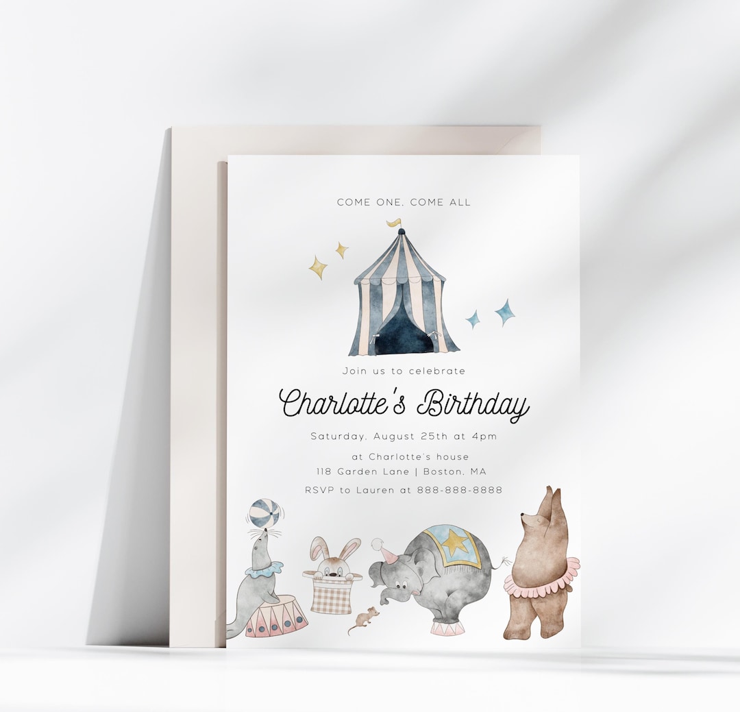 Editable Circus Illustration Come One Come All Kids Birthday Invitation ...