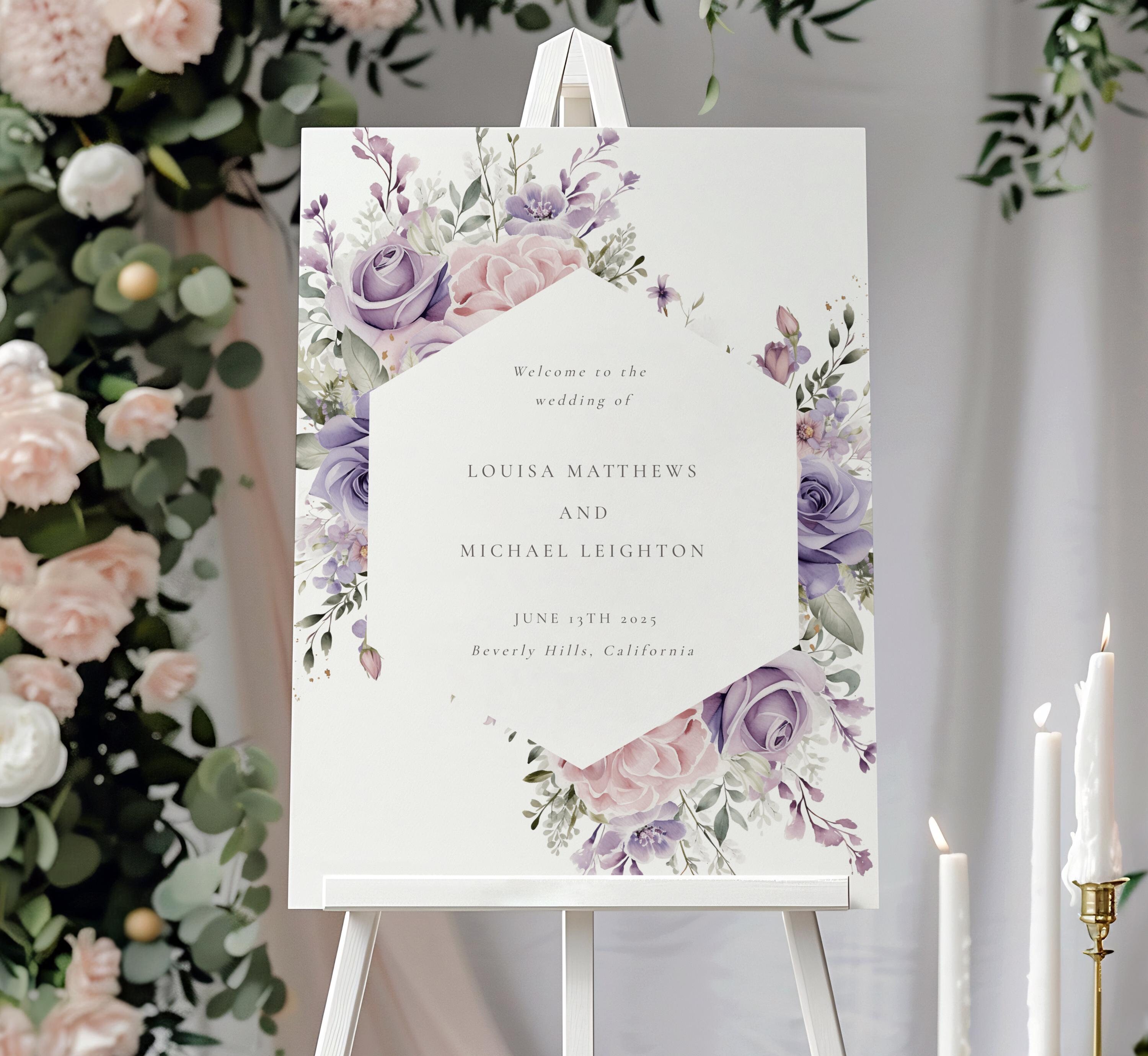 Editable Wedding Welcome Sign Template Lilac Frame Floral 16x20 & 18x24 ...