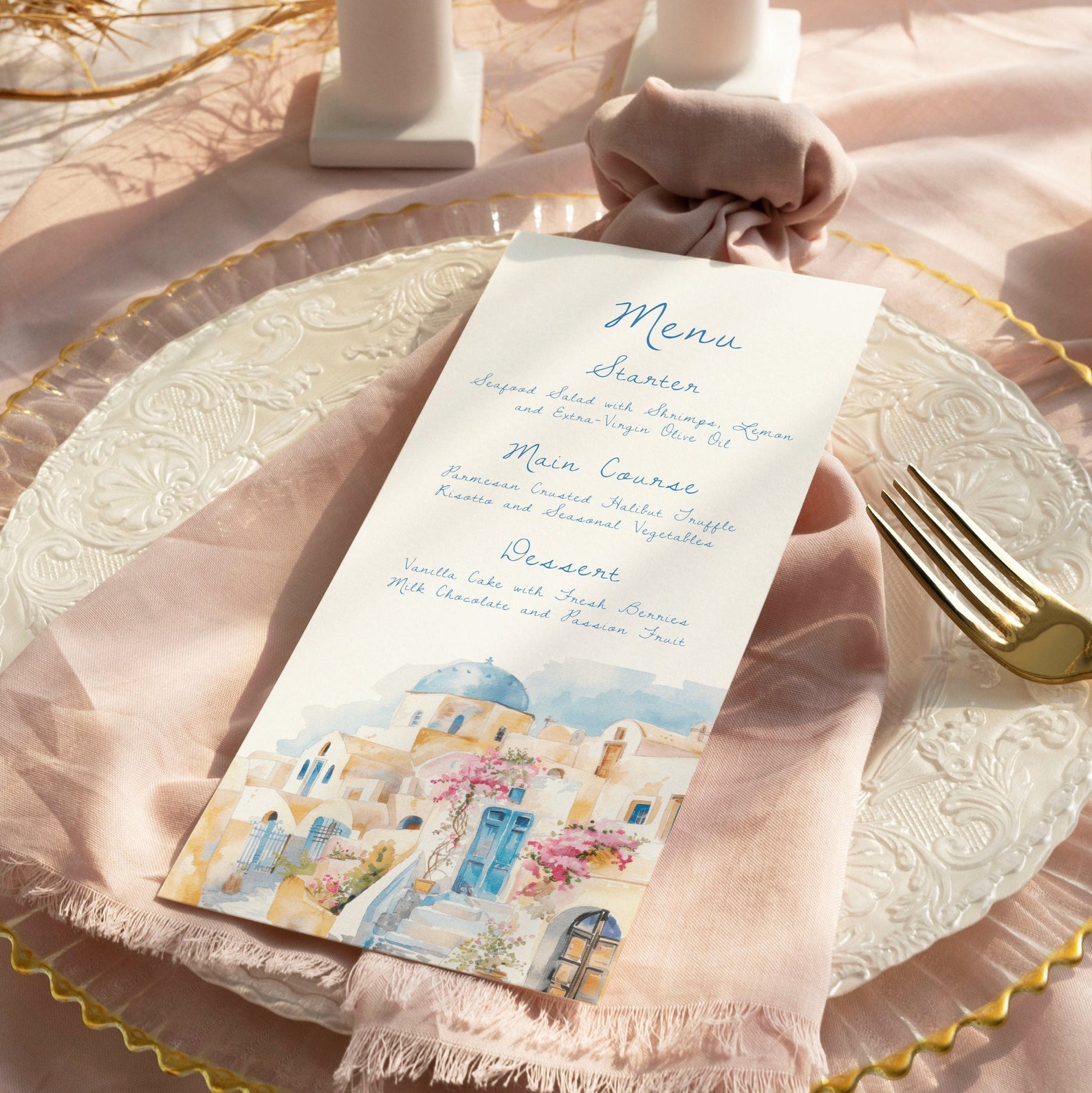 Editable Mediterranean Inspired Single Sided Coastal Town Wedding Event Menu Template Printable ...