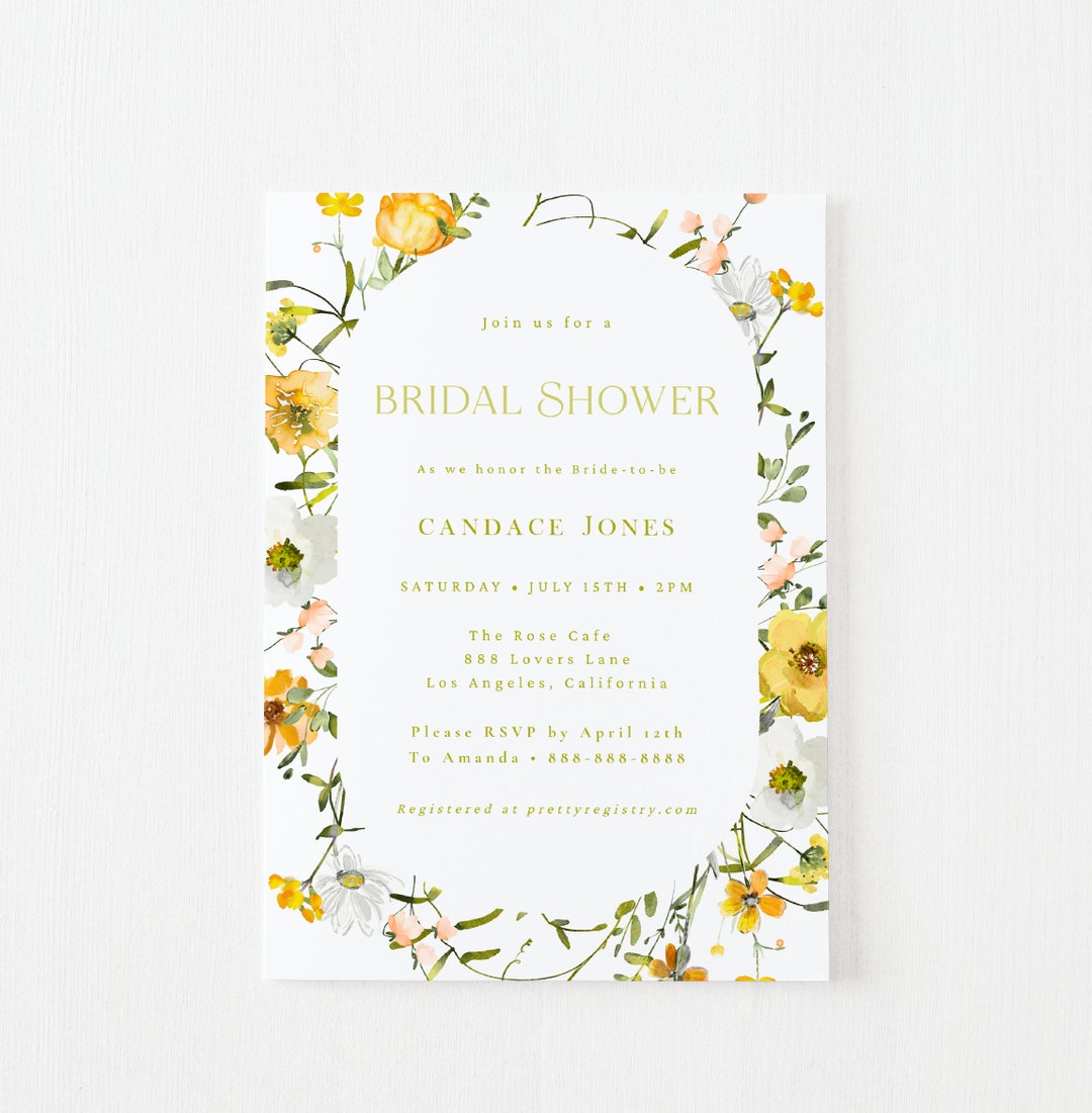 Editable Floral Border Bridal Shower Invitation Template Yellow Green ...