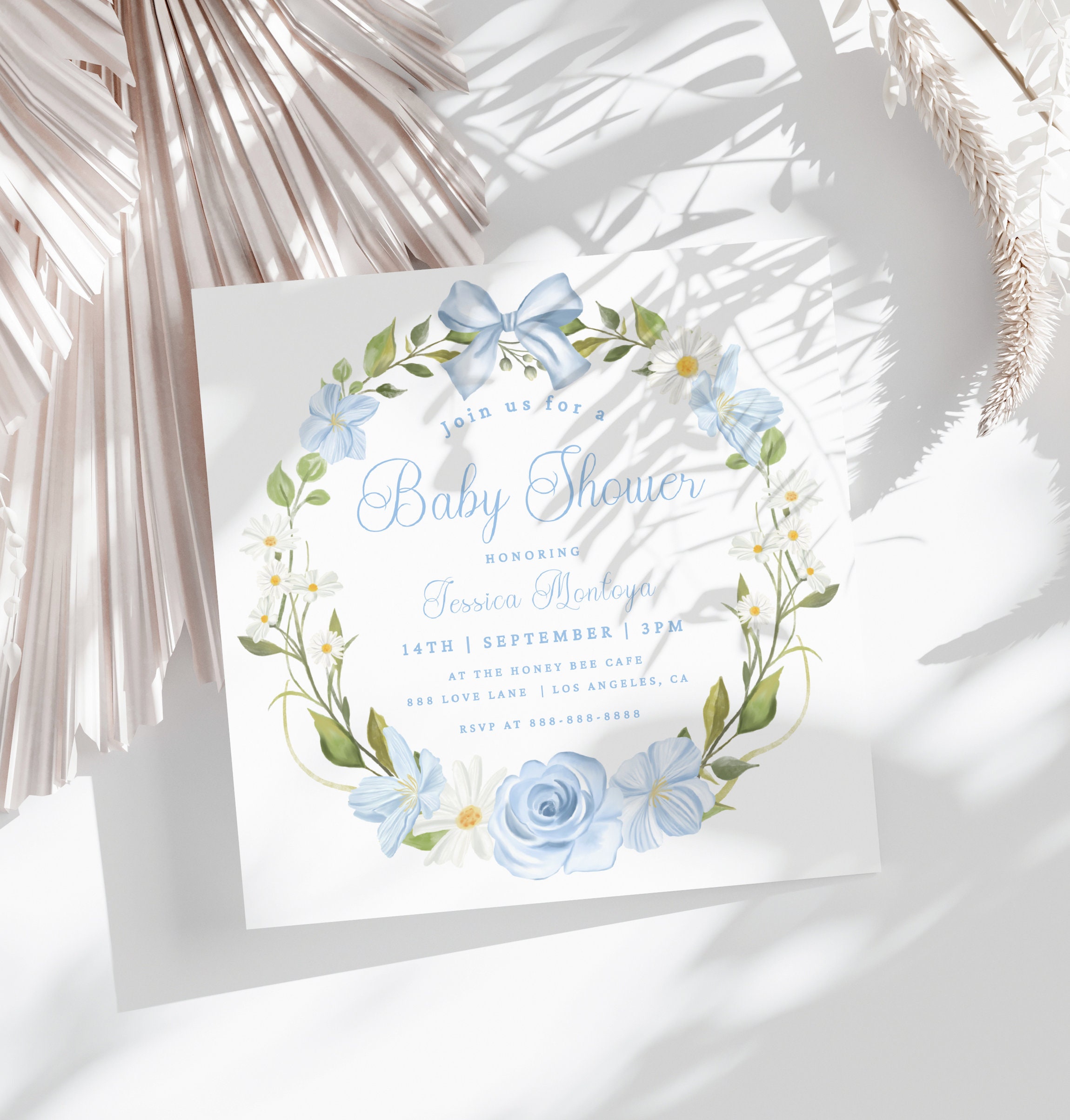 Editable Blue Floral Wreath Baby Shower Invitation Template 5x5 ...