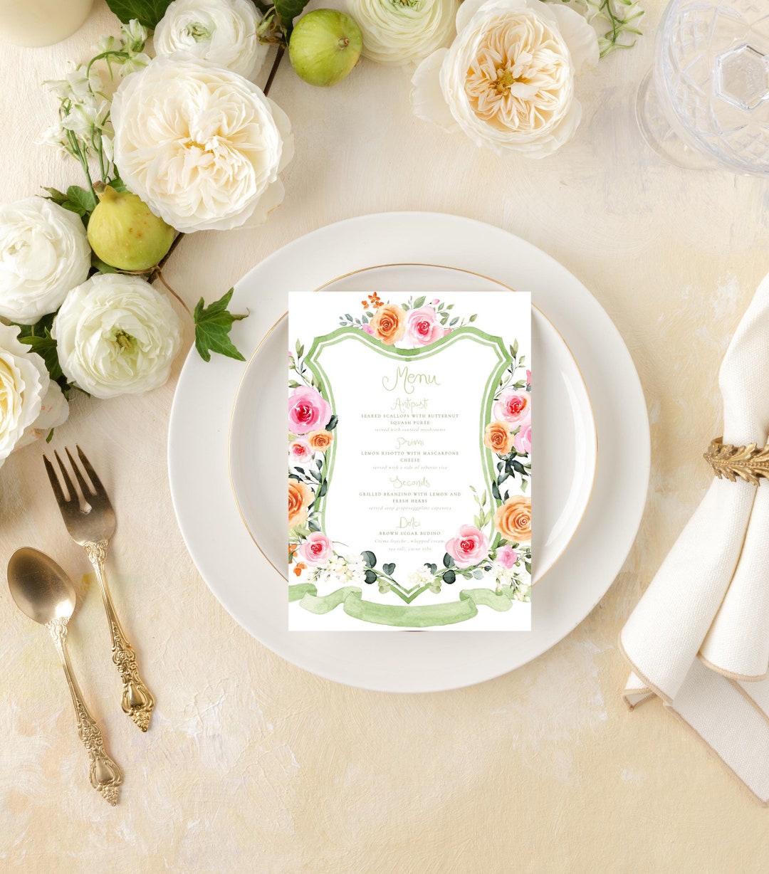 Royal Garden Floral Crest Green Handwritten Menu Event Menu Template ...