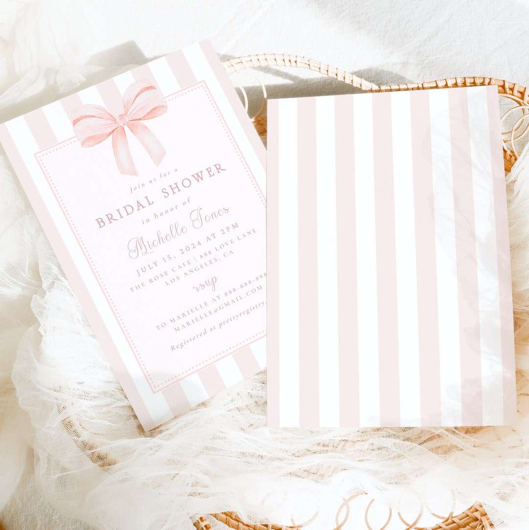 Editable Watercolor Bow Pink Stripe Bridal Shower Invitation Template ...
