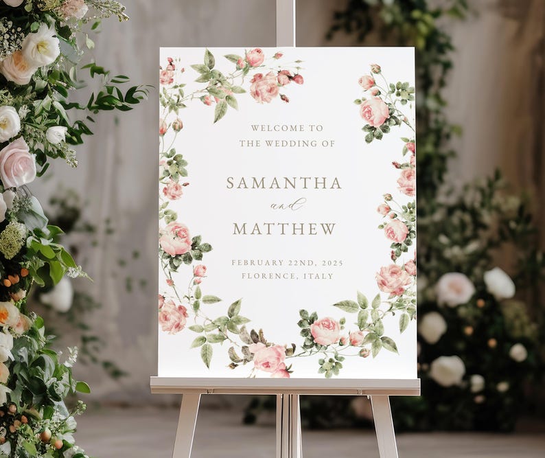 Editable Shabby Chic Vintage Rose Wedding Chinoiserie Welcome Sign ...