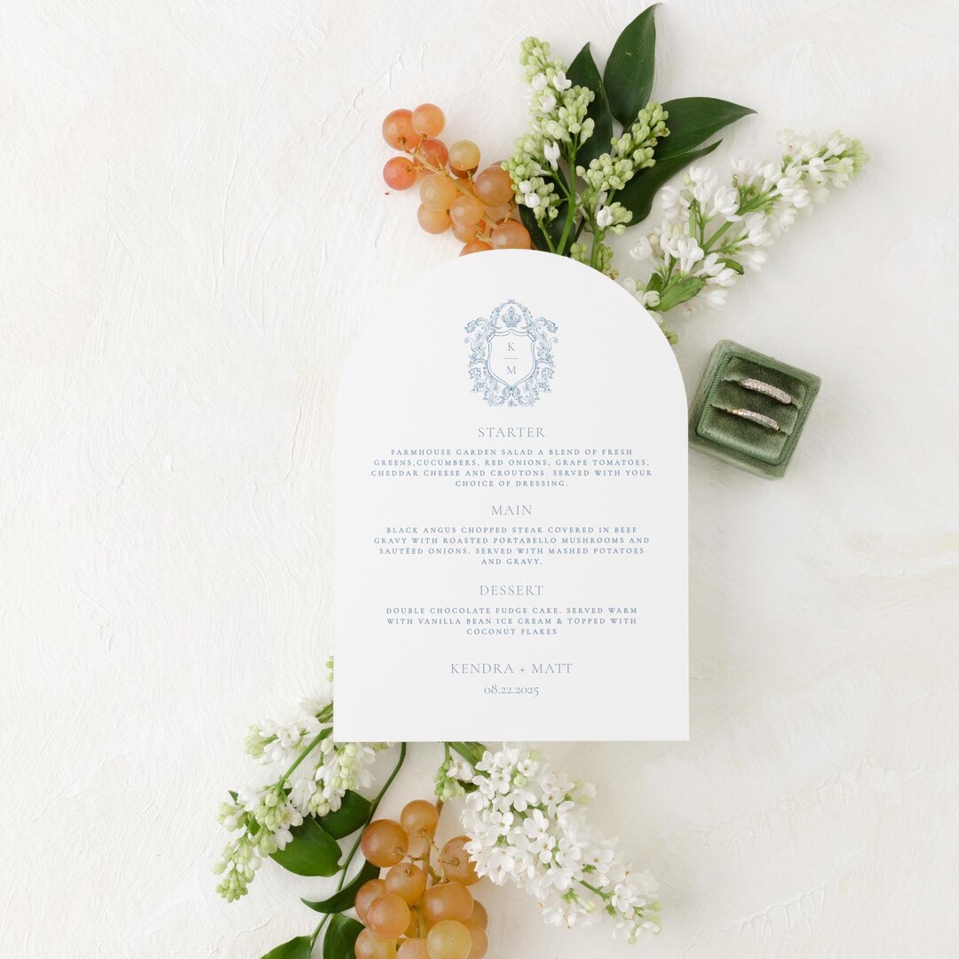 Editable Blue Monogram Arch Initial Crest Wedding Menu Template ...
