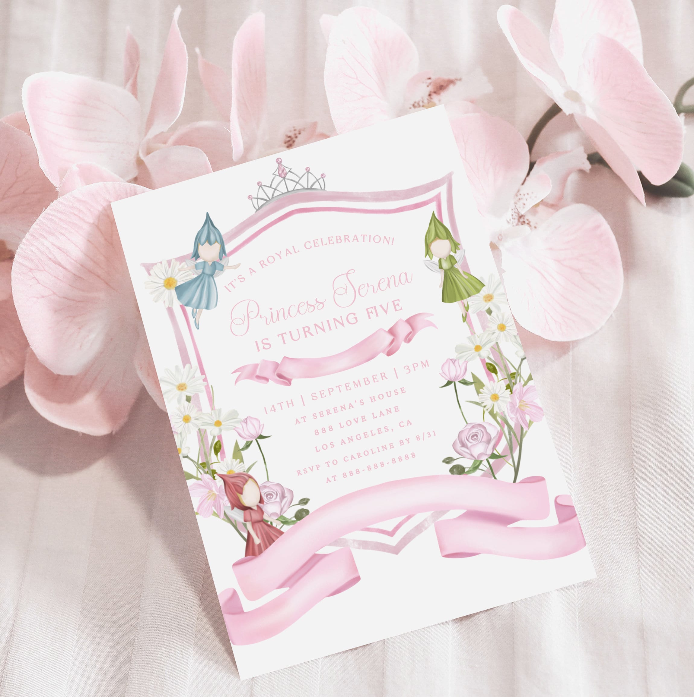 Editable Pink Princess Crest Royal Fairy Invitation Template 5x7 ...