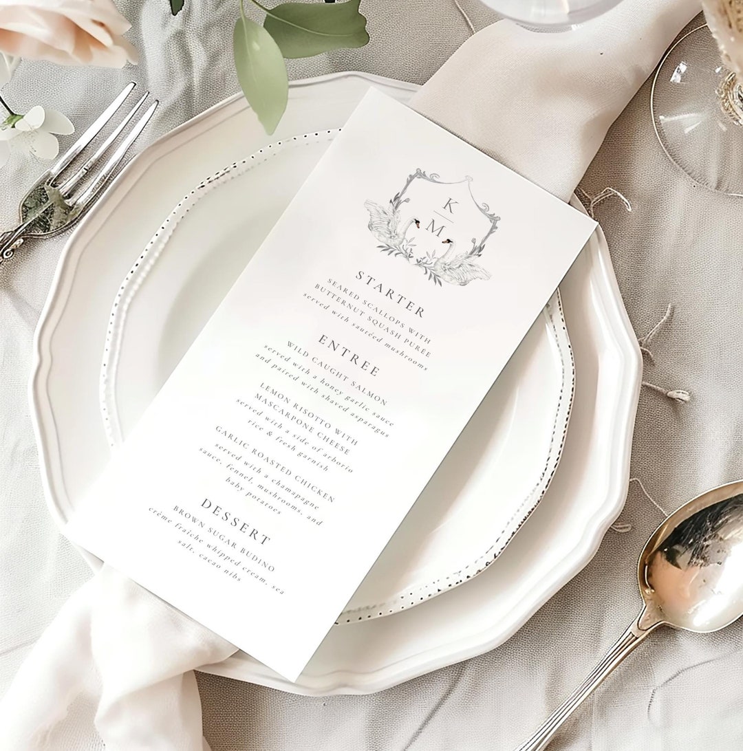 Editable Swan Crest Monogram Wedding Menu Event Menu Template Custom ...