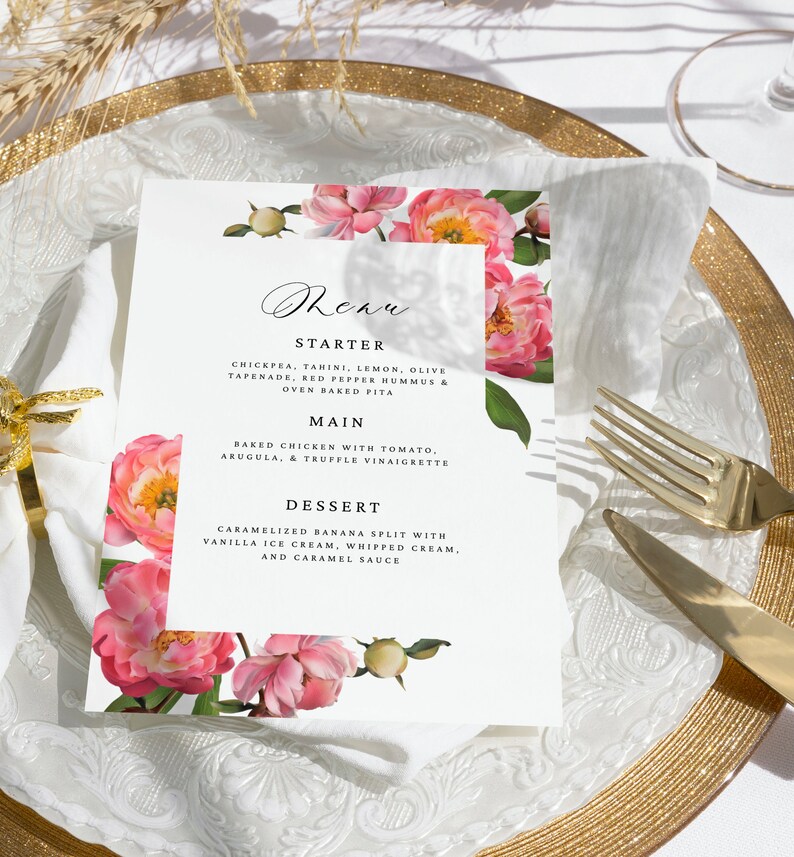 Editable Peony Floral Border Bridal Baby Shower Wedding Event Menu ...