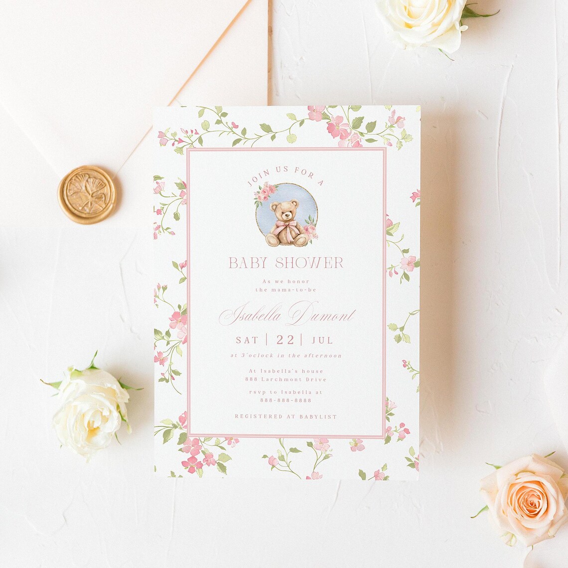 Editable Baby Shower Pink Chinoiserie Bear Toile 5x7 Template ...