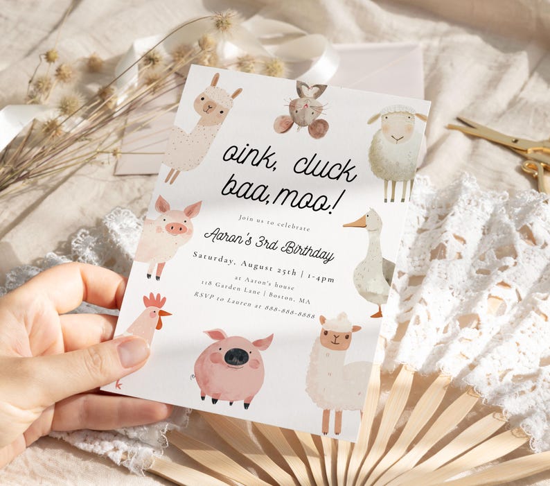 Oink, Cluck, Baa, Moo Farm Cows Animals Birthday Invitation Template ...