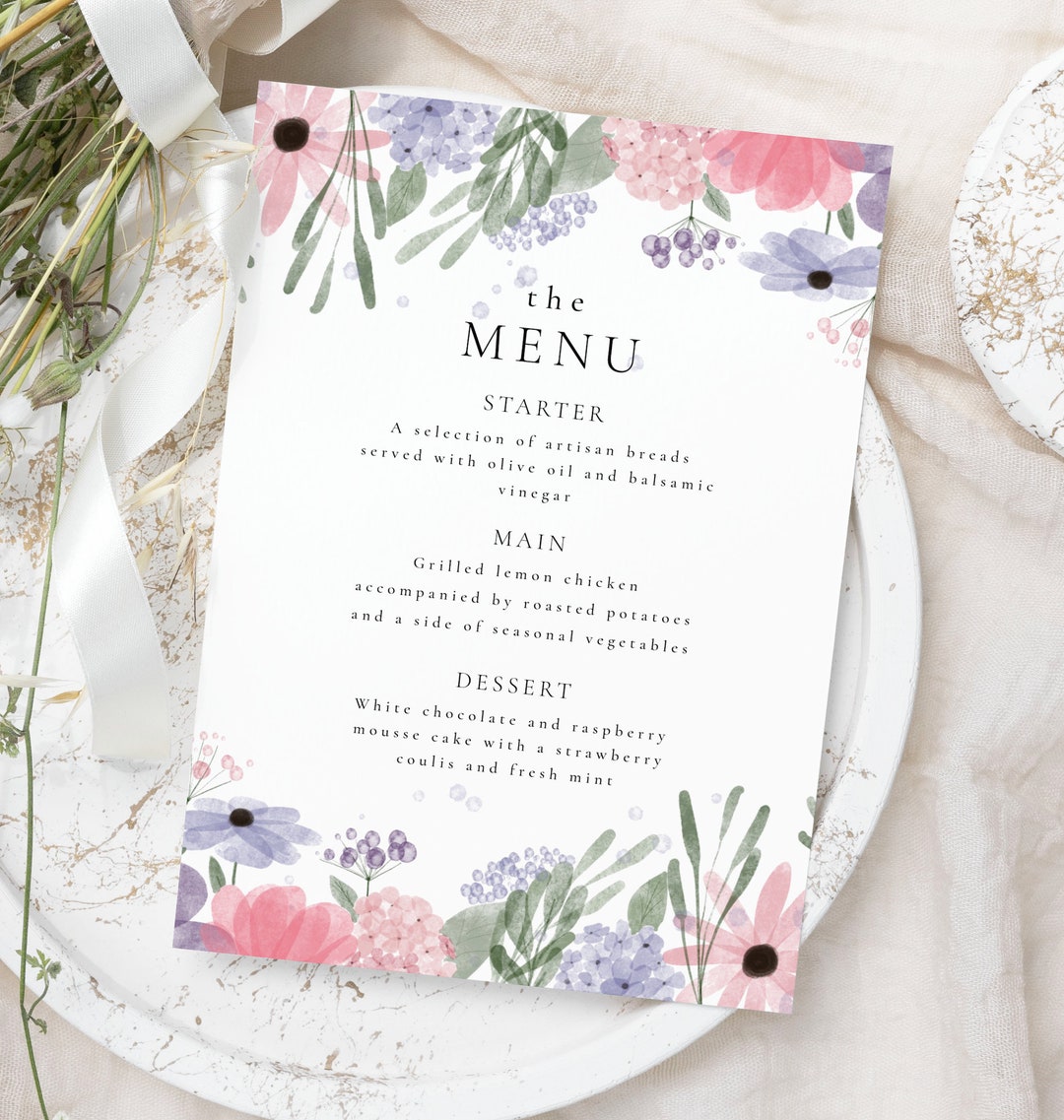 Editable Watercolor Lilac Pastel Wildflower Floral Menu Event Menu ...