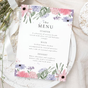 Editable Watercolor Lilac Pastel Wildflower Floral Menu Event Menu ...