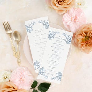 Editable DAYDREAM Wedding Program Event Wedding Day Timeline Template Blue Chinoiserie Floral ...
