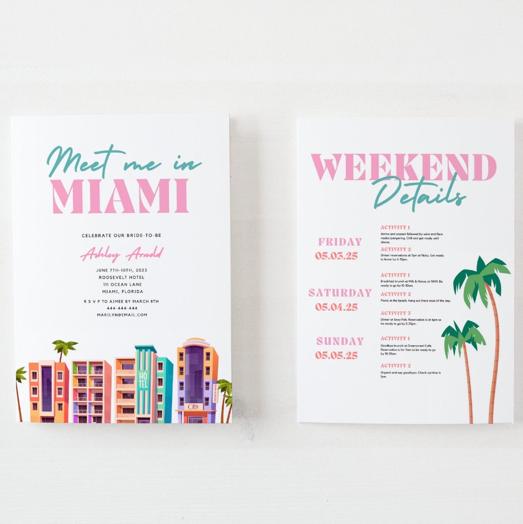 Meet Me in Miami Bachelorette Invitation, Bachelorette Party Itinerary ...