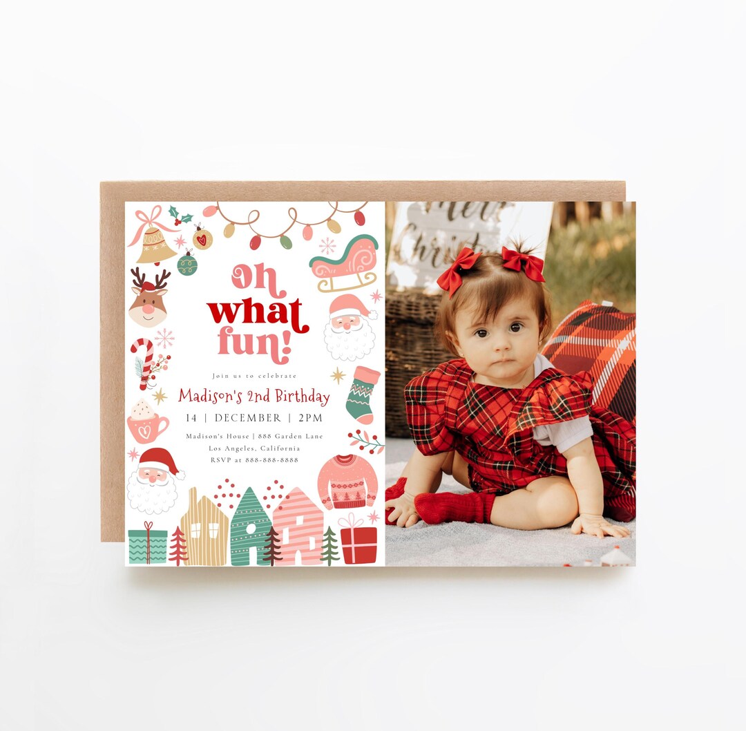Christmas Birthday Party Photo Card Editable Santa Oh What Fun ...