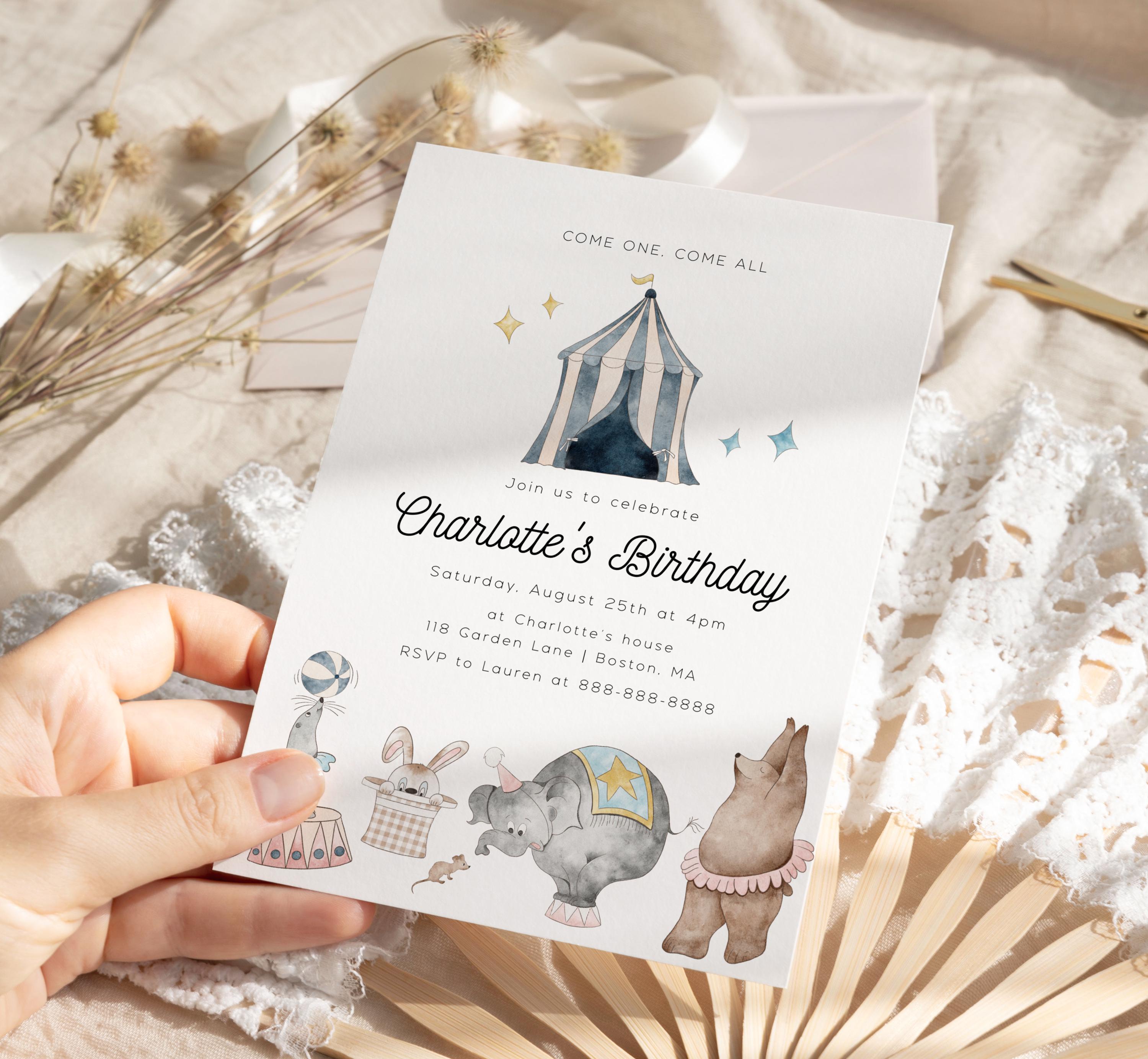 Editable Circus Illustration Come One Come All Kids Birthday Invitation ...