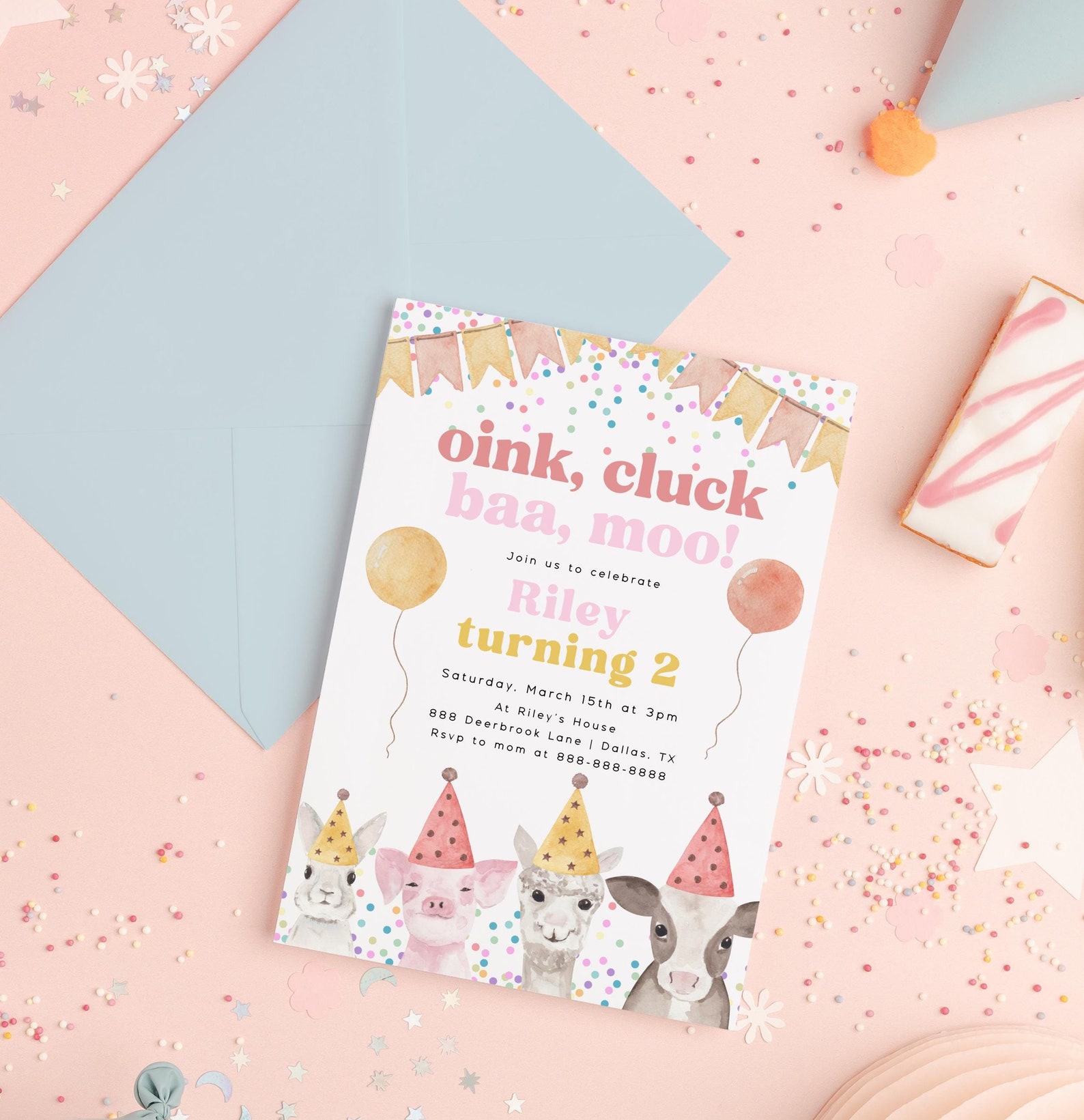 Editable Oink, Cluck, Baa Moo Farm Animals Birthday Invitation Template ...