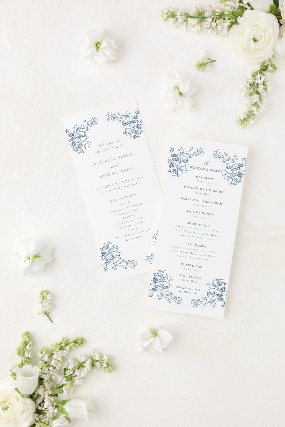 Editable DAYDREAM Wedding Program Event Wedding Day Timeline Template Blue Chinoiserie Floral ...
