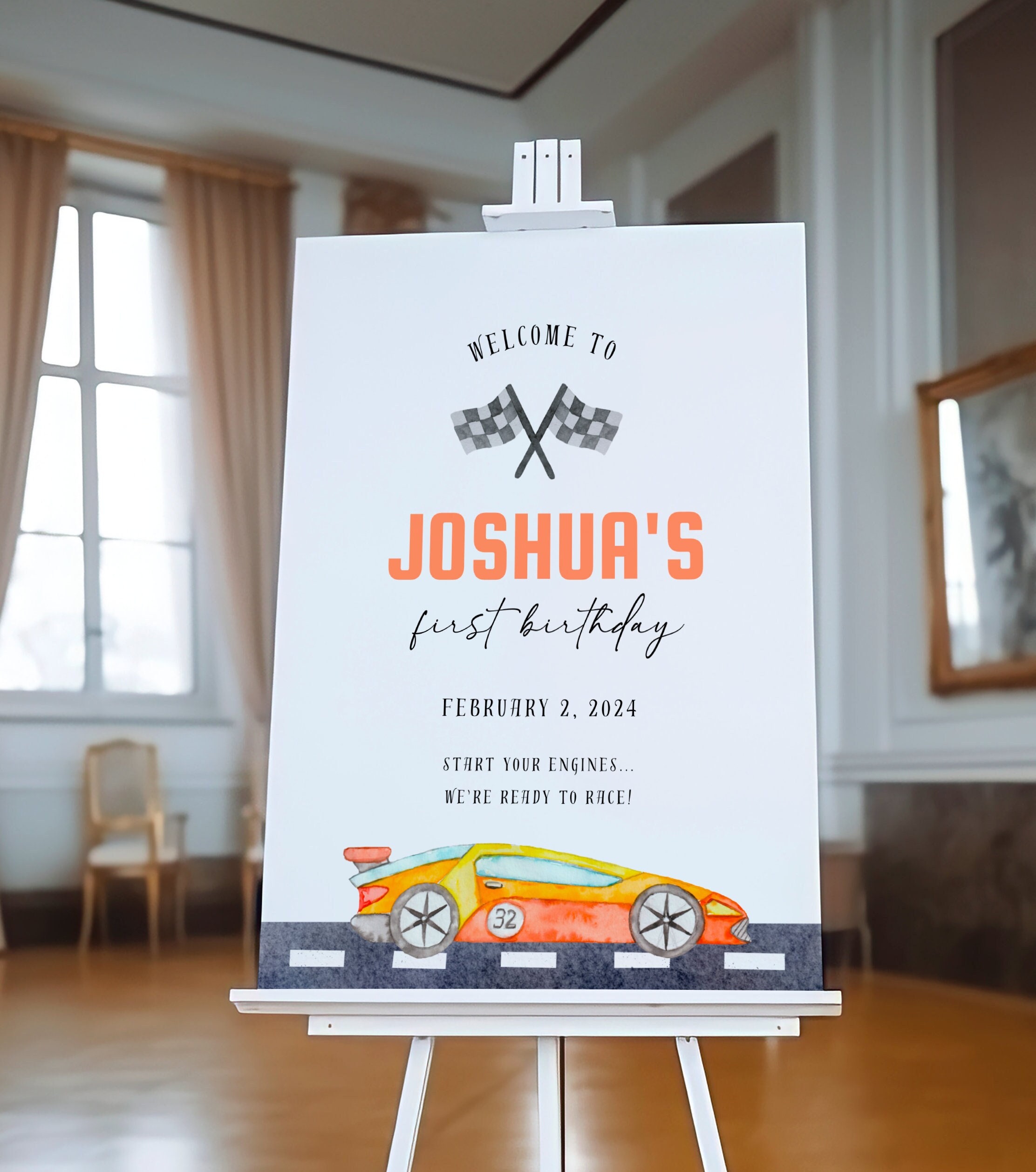 Editable Racecar Kids Baby Boy Birthday Welcome Sign Template Cars Race ...