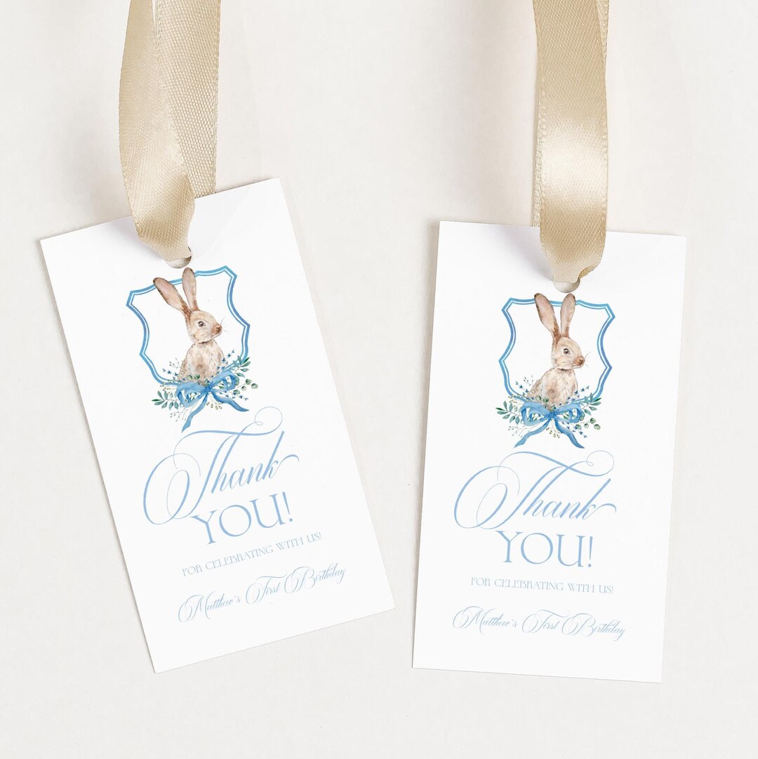 Editable Blue Crest Rabbit Turning 1 Baby Boy Birthday Thank You Favor ...