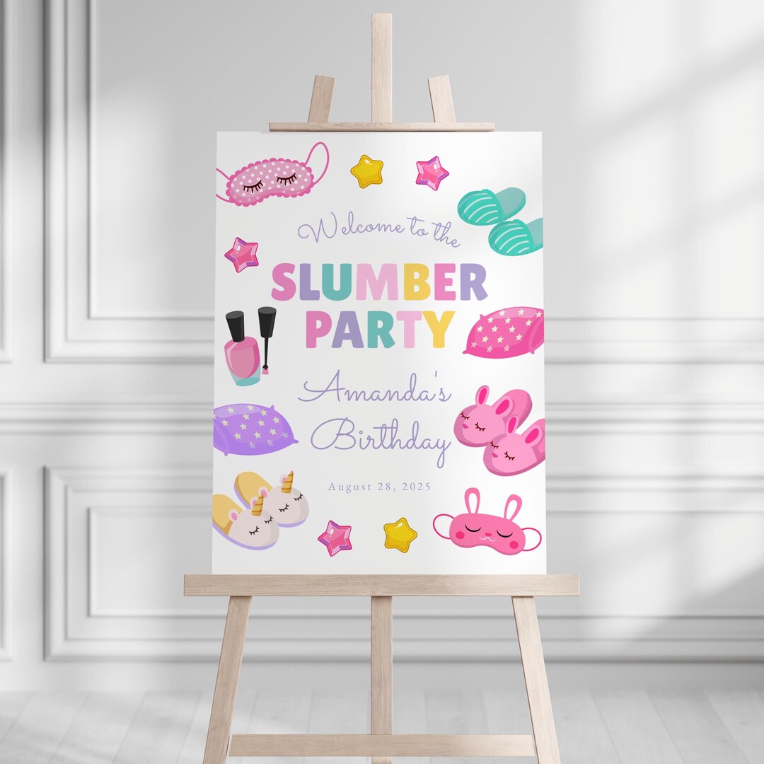 Editable Rainbow Colorful Slumber Party Welcome Sign Template | Little ...