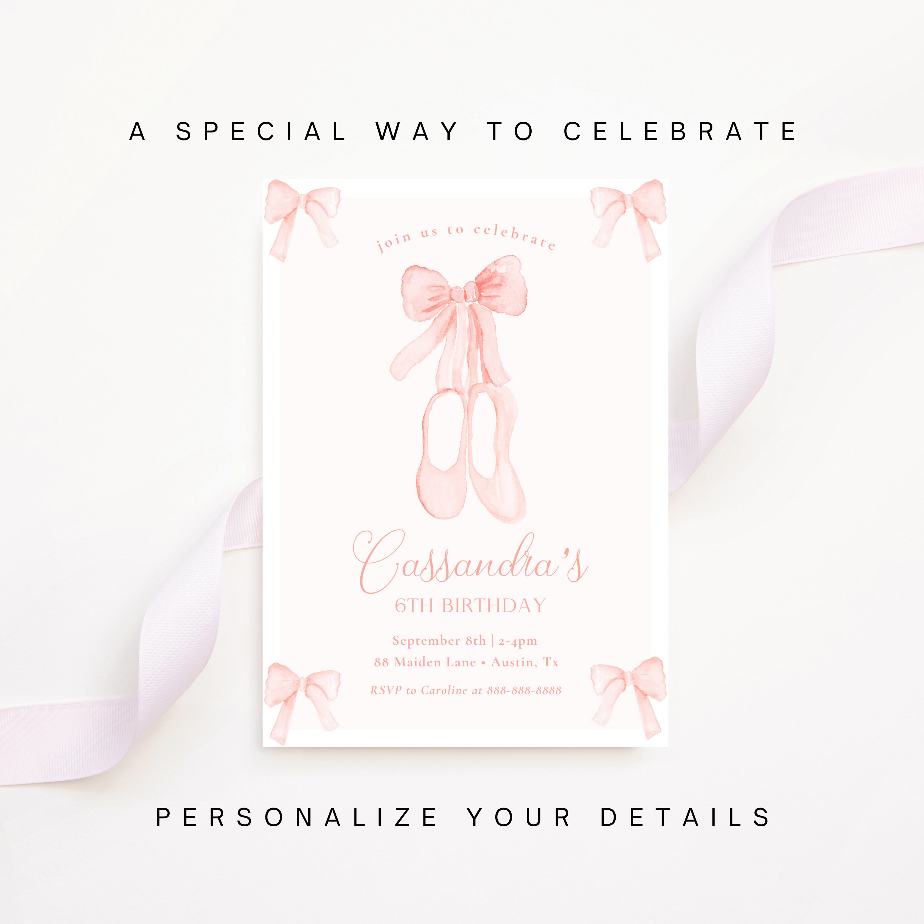 Editable Kids Birthday Invitation Slippers & Bows Pink Blush - Etsy