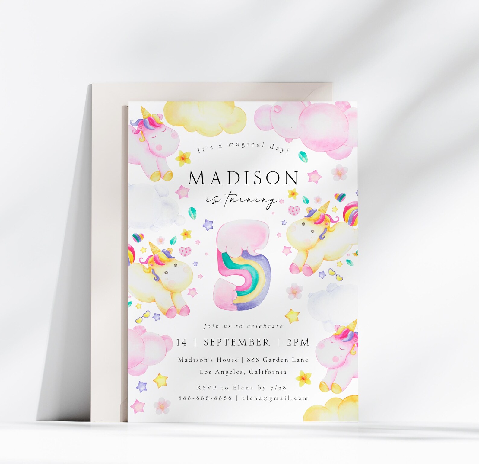 Editable Magical Day Unicorn 5th Birthday Invitation Template | Turning ...