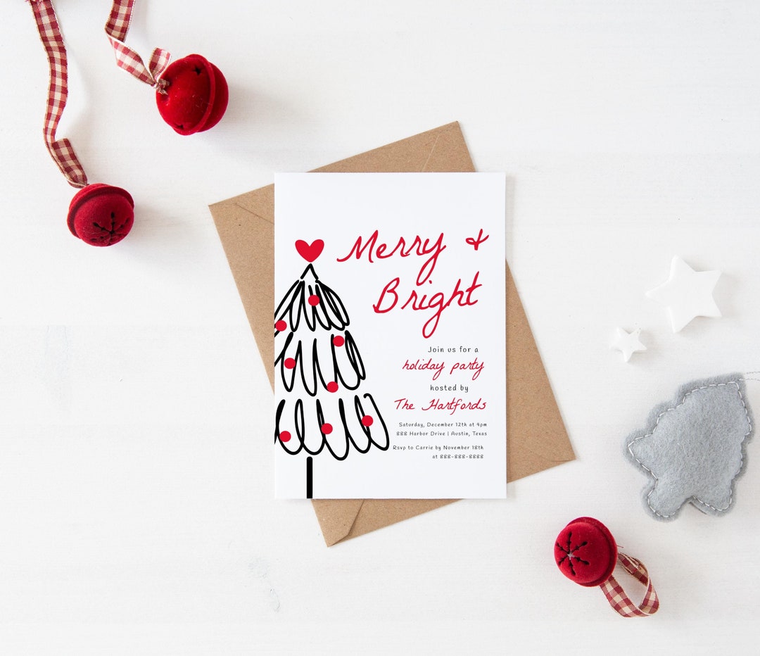 Christmas Party Card Editable Merry & Bright | Holiday Party Card Hand ...
