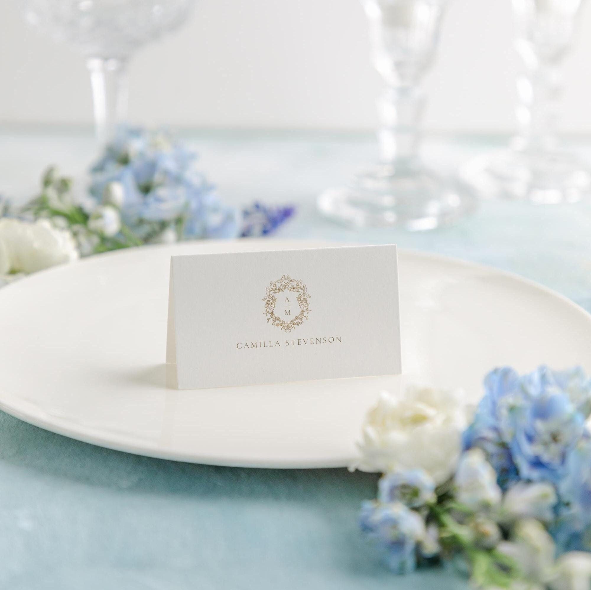 Editable Gold Crest Monogram Crest Floral Tented Initial Wedding Place ...