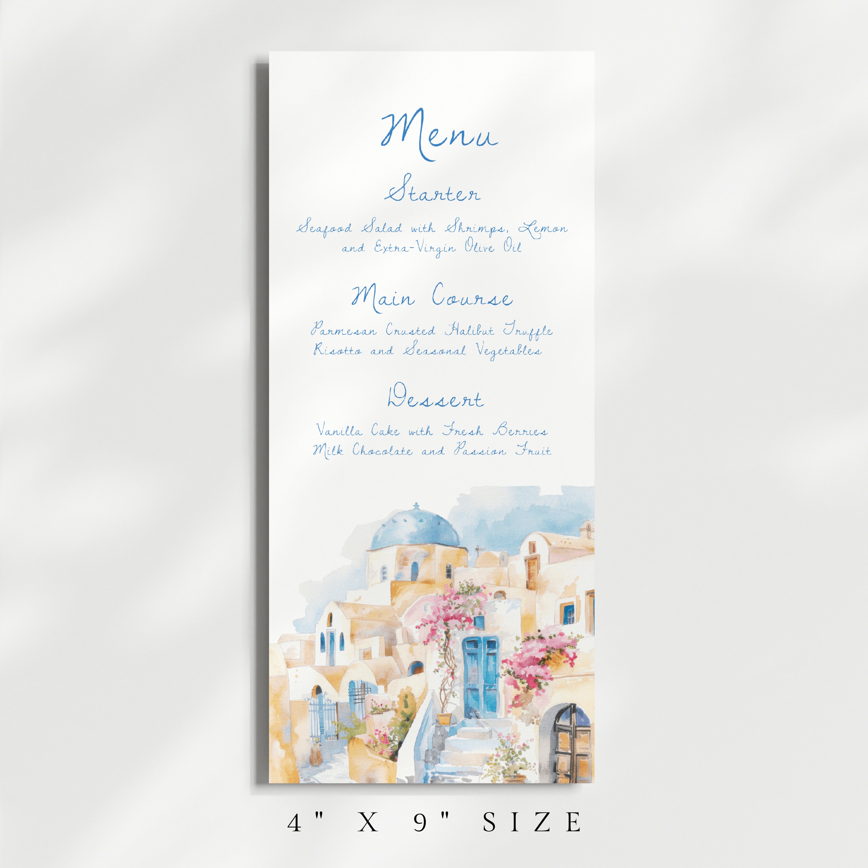 Editable Mediterranean Inspired Single Sided Coastal Town Wedding Event Menu Template Printable ...