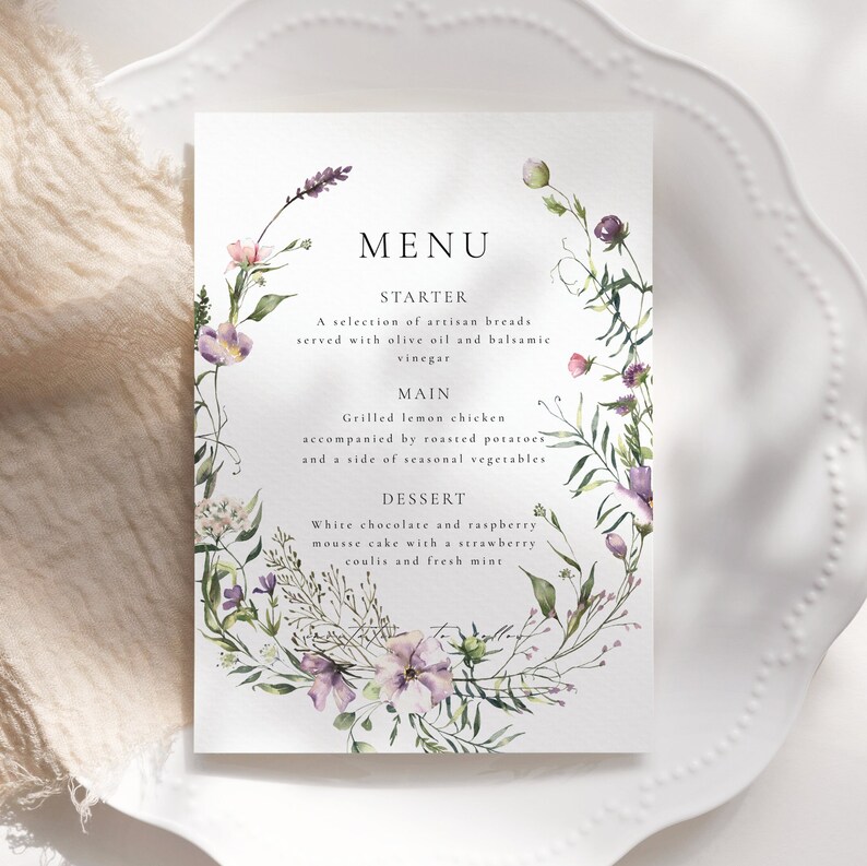Editable Purple Floral Wreath Menu Bridal Shower Wedding Event Menu ...