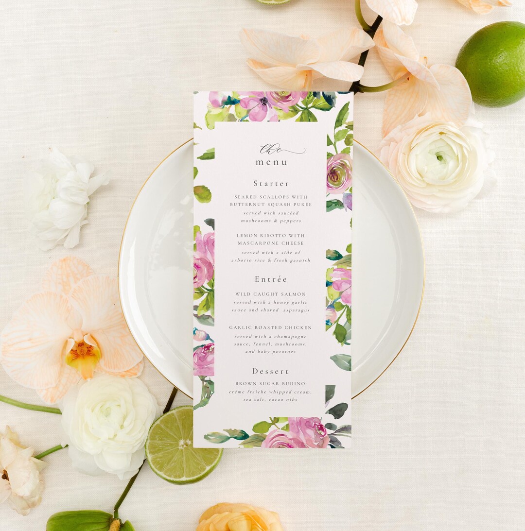 Editable Green Rose Garden Wedding Bridal Shower Floral Menu Event Menu ...