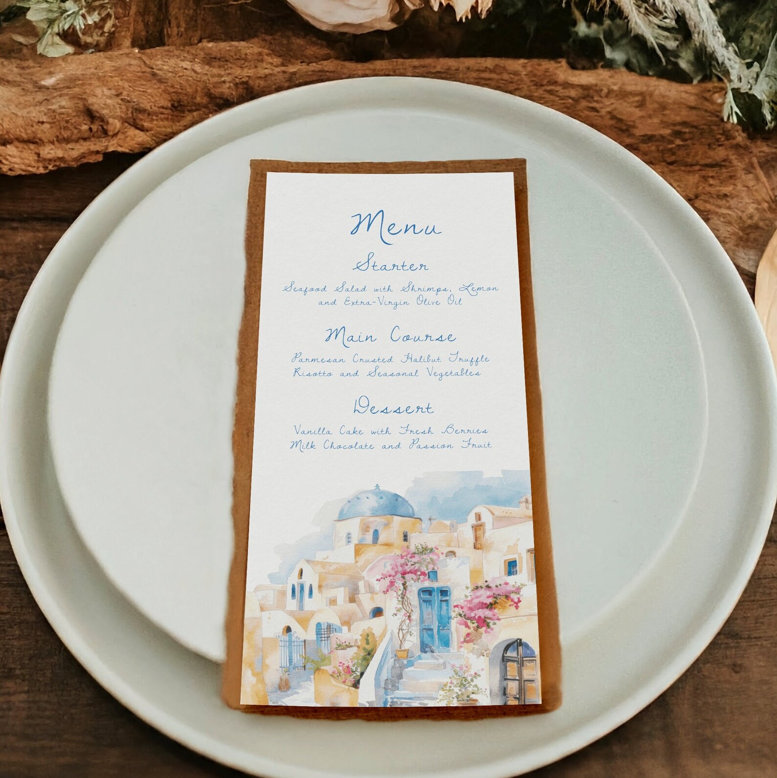 Editable Mediterranean Inspired Single Sided Coastal Town Wedding Event Menu Template Printable ...